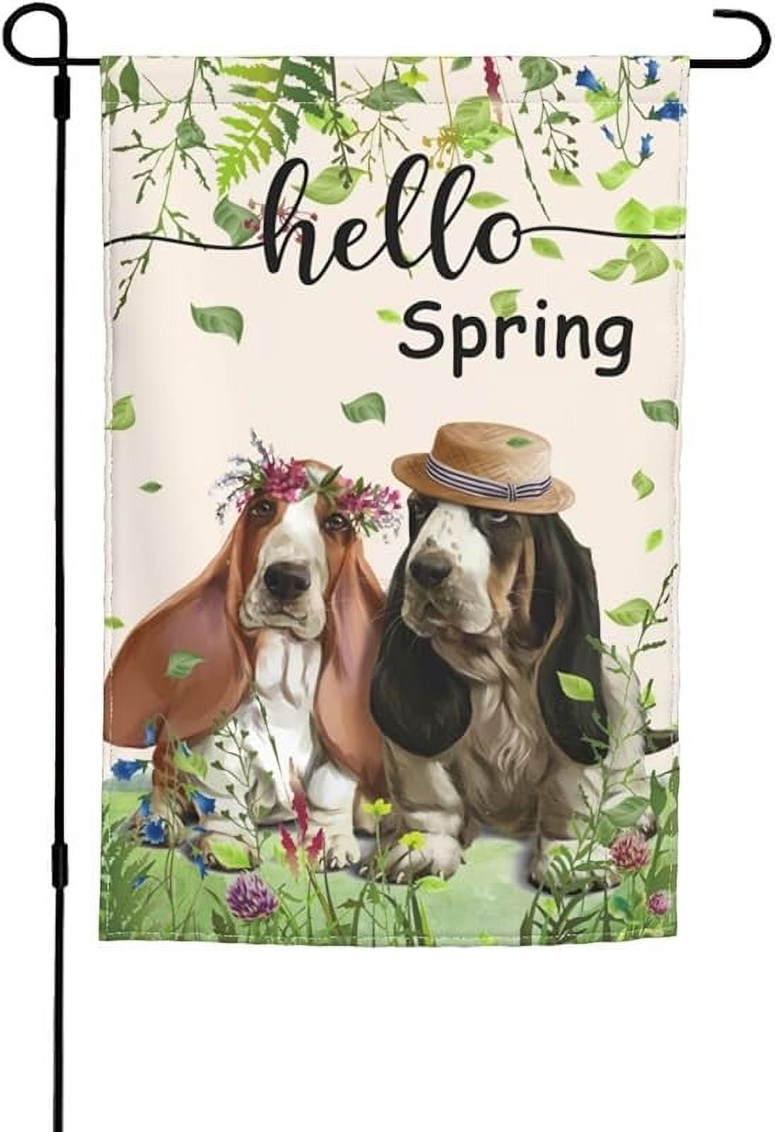 Hello Spring Basset Hound Dog Flower Leaf Garden Flag 12x18 Inch Double ...