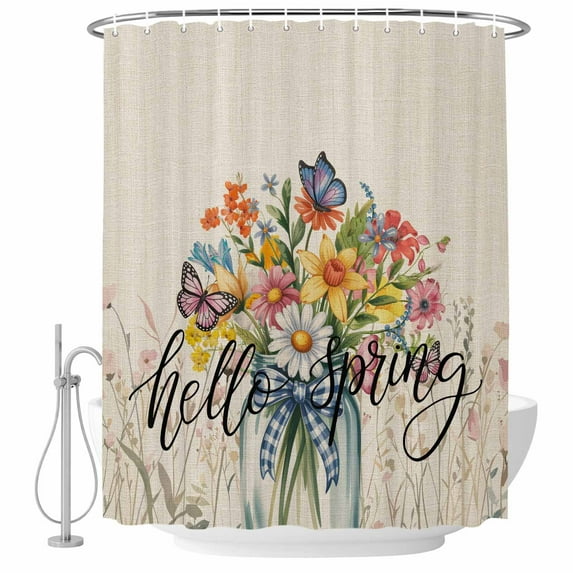 Hello Spring Bathroom Shower Curtains with Hooks, Pink Flowers Daisy ...