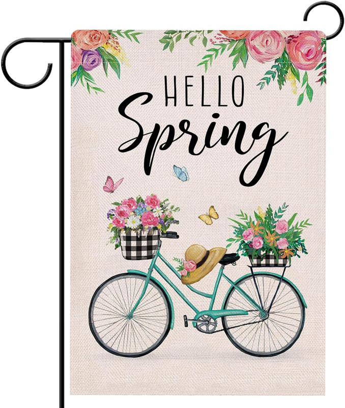 Hello Spring Bicycle Flowers Garden Flag Double Sided, Rose Bike ...