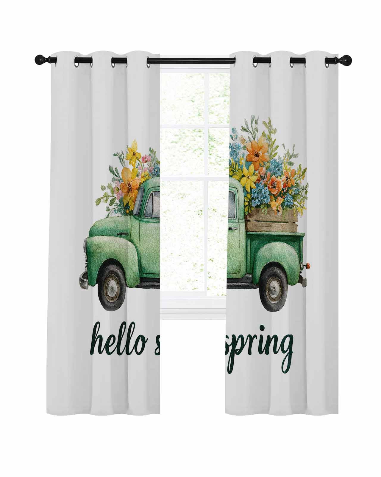Hello Spring Blackout Curtains for Bedroom Living Room, Easter Watercolor Truck Colorful Floral ...