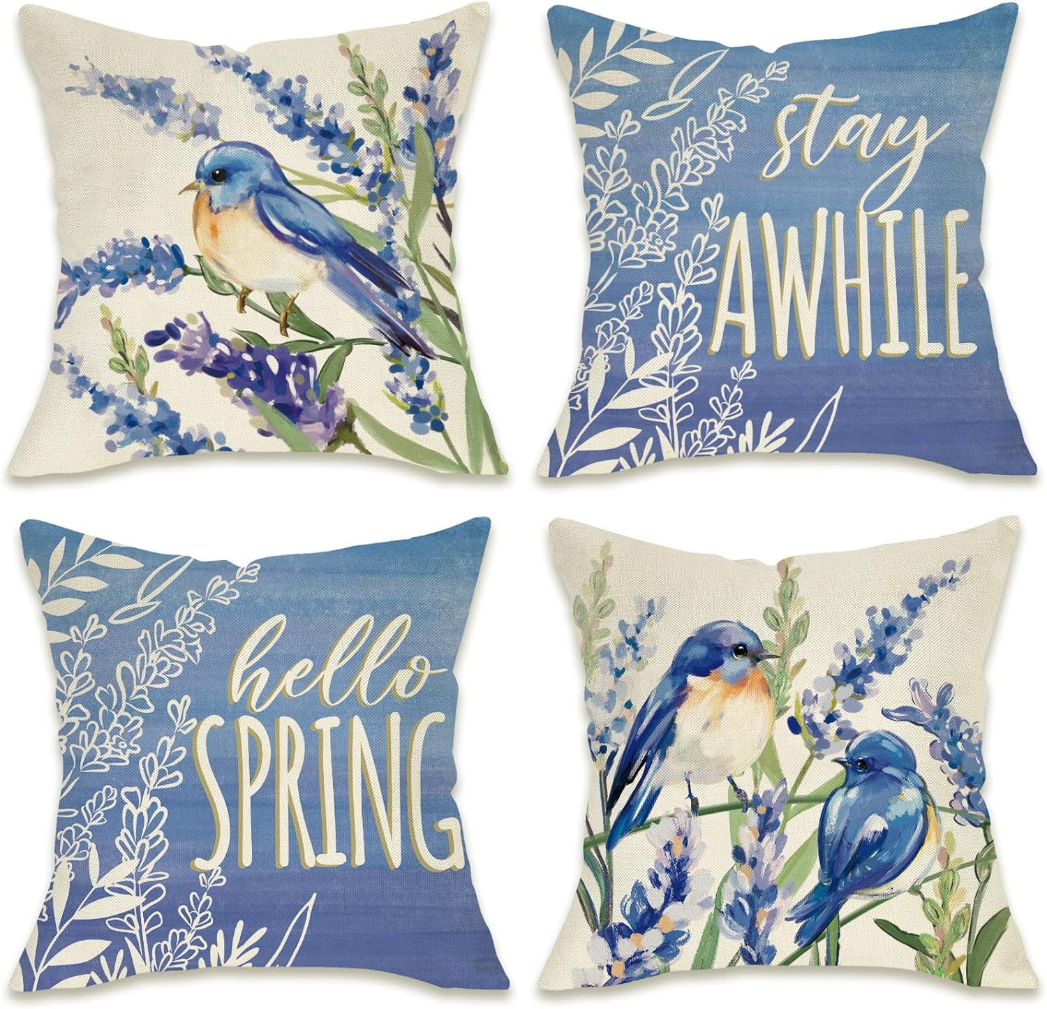 Hello Spring Bluebird Decorative Throw Pillow Covers 18 x 18 Set of 4 ...