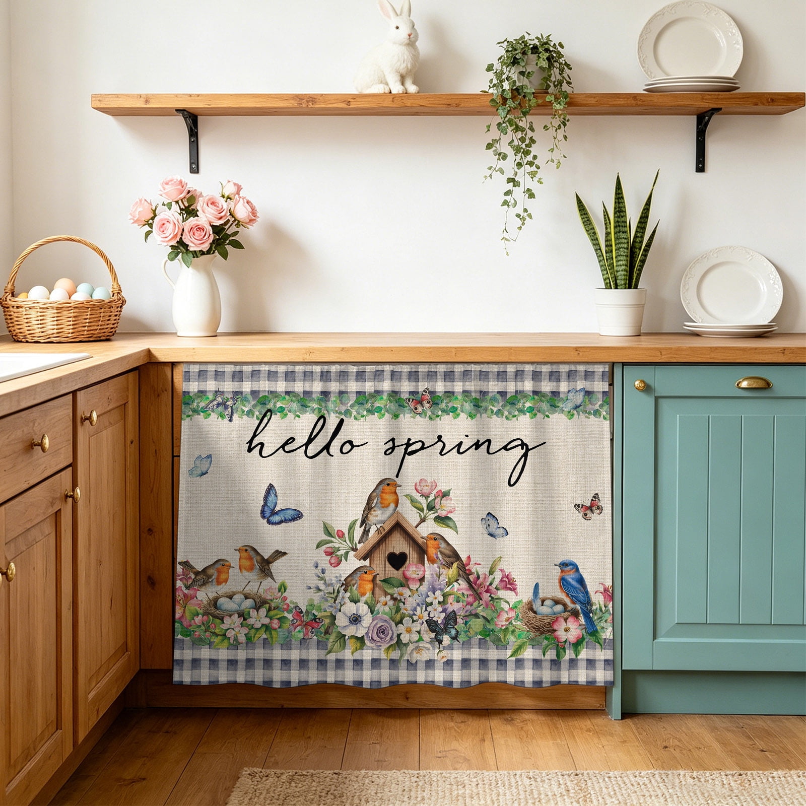 Hello Spring Cabinet Curtains 11" W x 13" L Bird Pink White Flowers ...