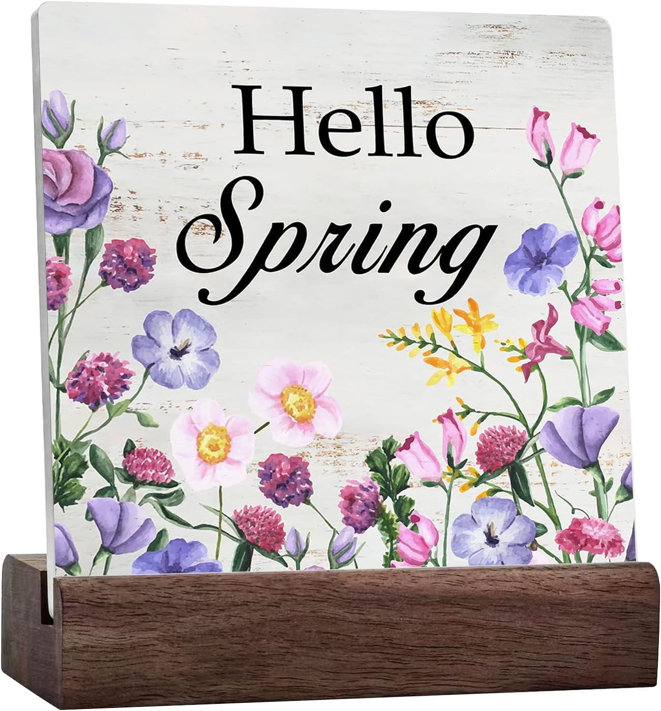 Hello Spring Ceramic Table Sign Home Decor Rustic Floral Spring Wooden ...