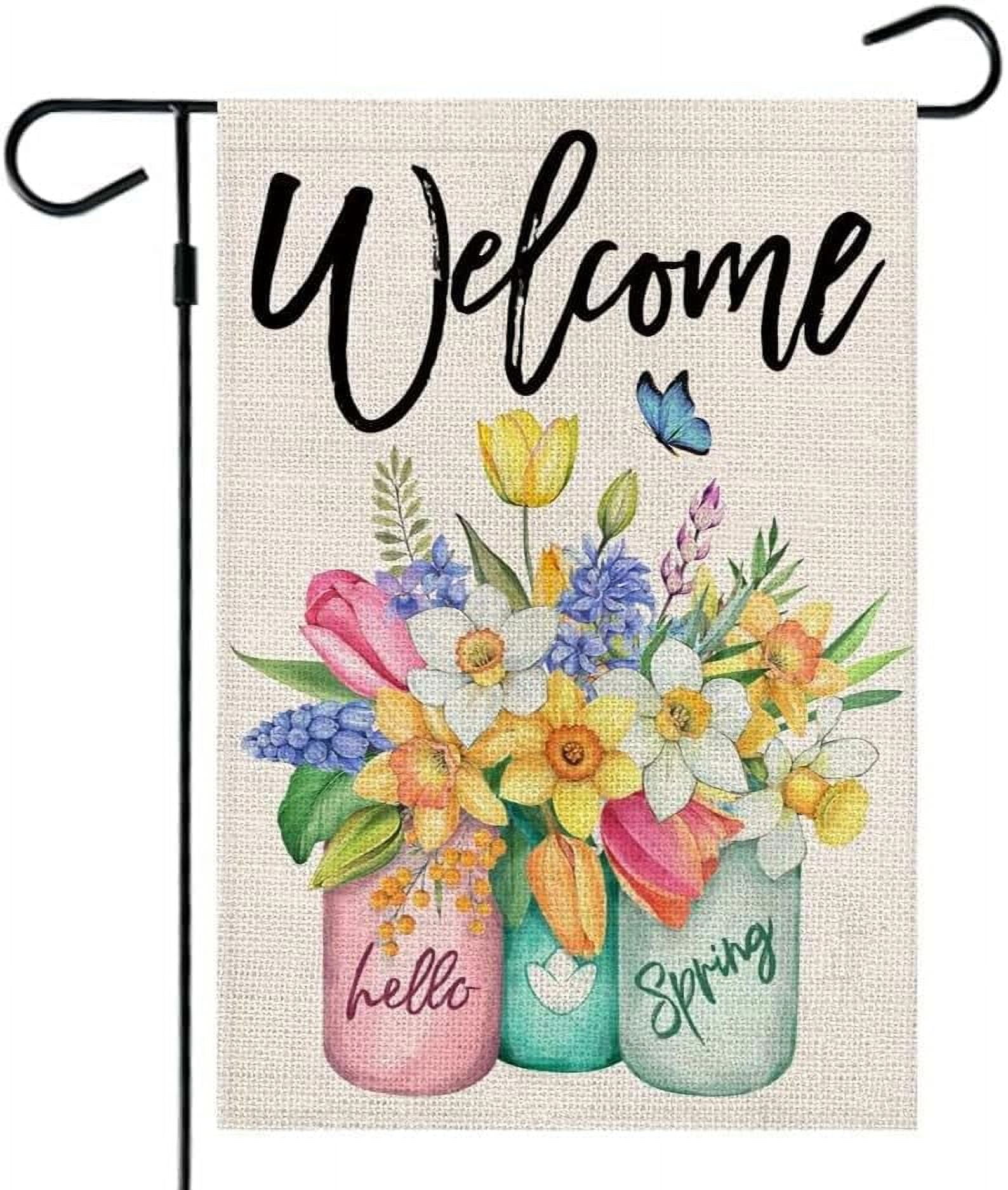 Hello Spring Colorful Flowers Tulip Water Bottle Garden Flag, Home ...
