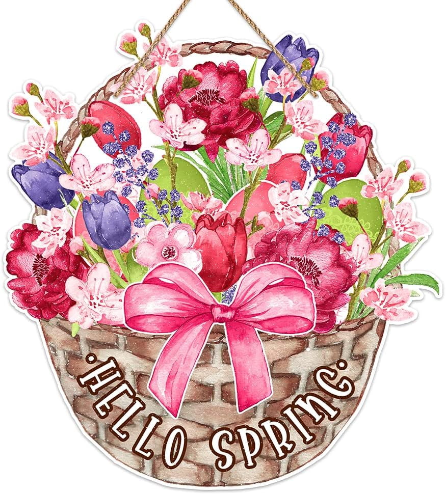 Hello Spring Door Sign 11.5" Floral Welcome Sign For Front Door Spring ...