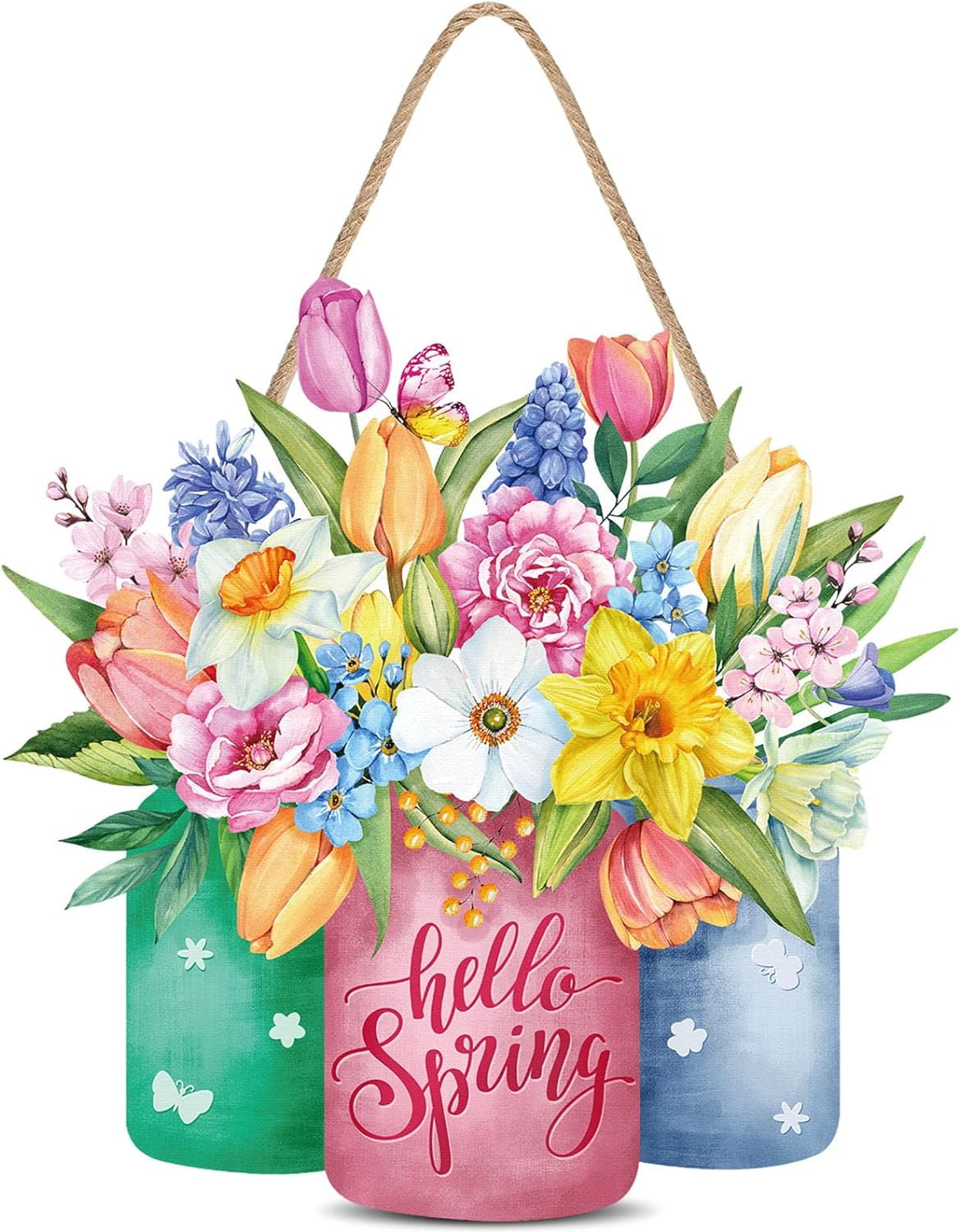 Hello Spring Door Sign Colorful Floral Spring Hanging Sign Happy Spring ...