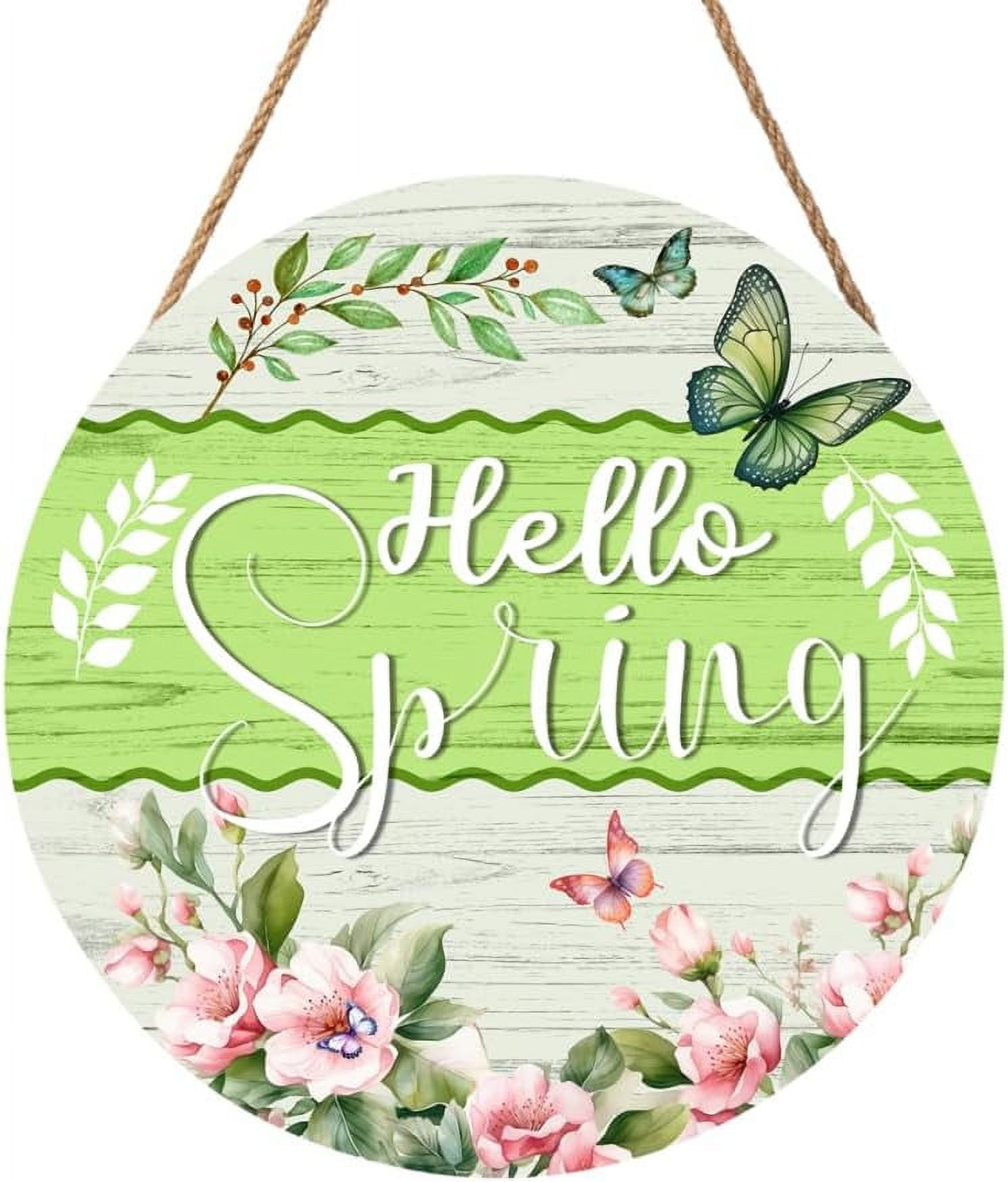 Hello Spring Door Sign, Farmhouse Flowers Butterfly Welcome Sign Round ...