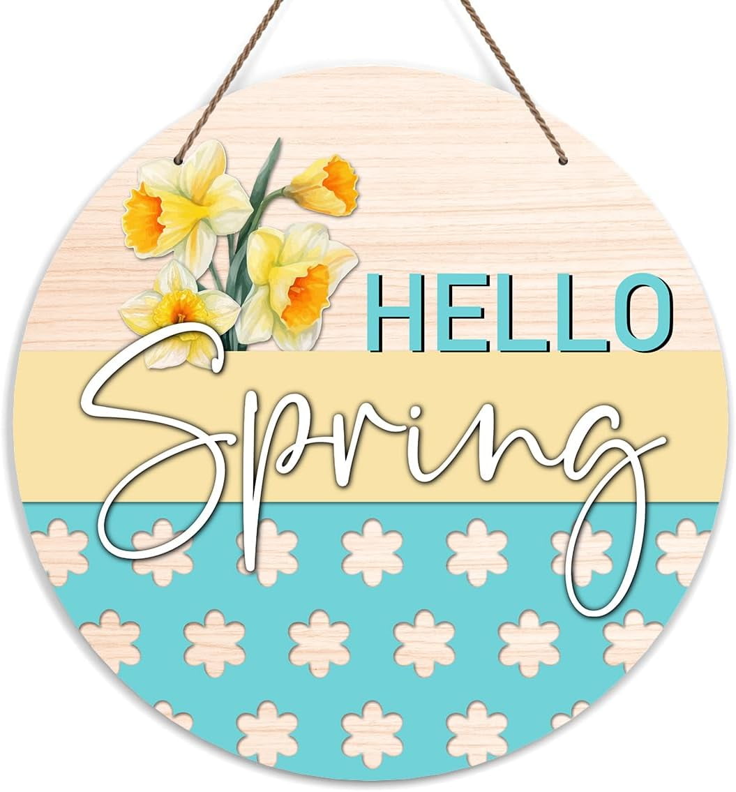 Hello Spring Door Sign, Spring Flowers Spring Decor Wooden Sign Round ...