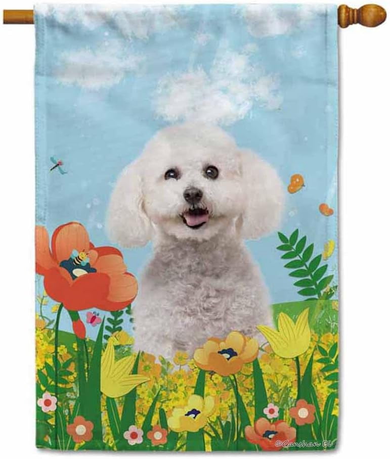Hello Spring Floral Funny Dog Bichon Frise House Flag Summer Flower ...