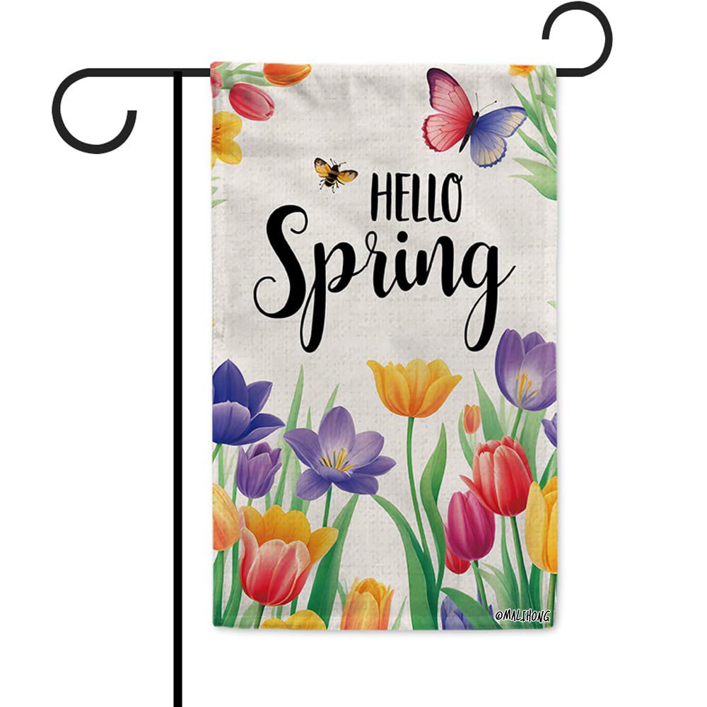Hello Spring Flowers Bee Garden Flag Vertical Double Sided Tulips ...