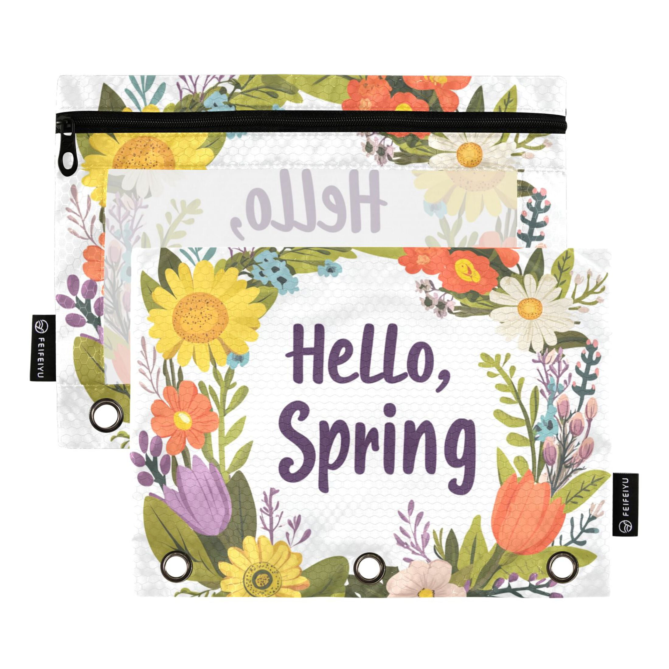 Hello Spring Flowers Leaves Garland Binder Pouches Zipper Pocket ...