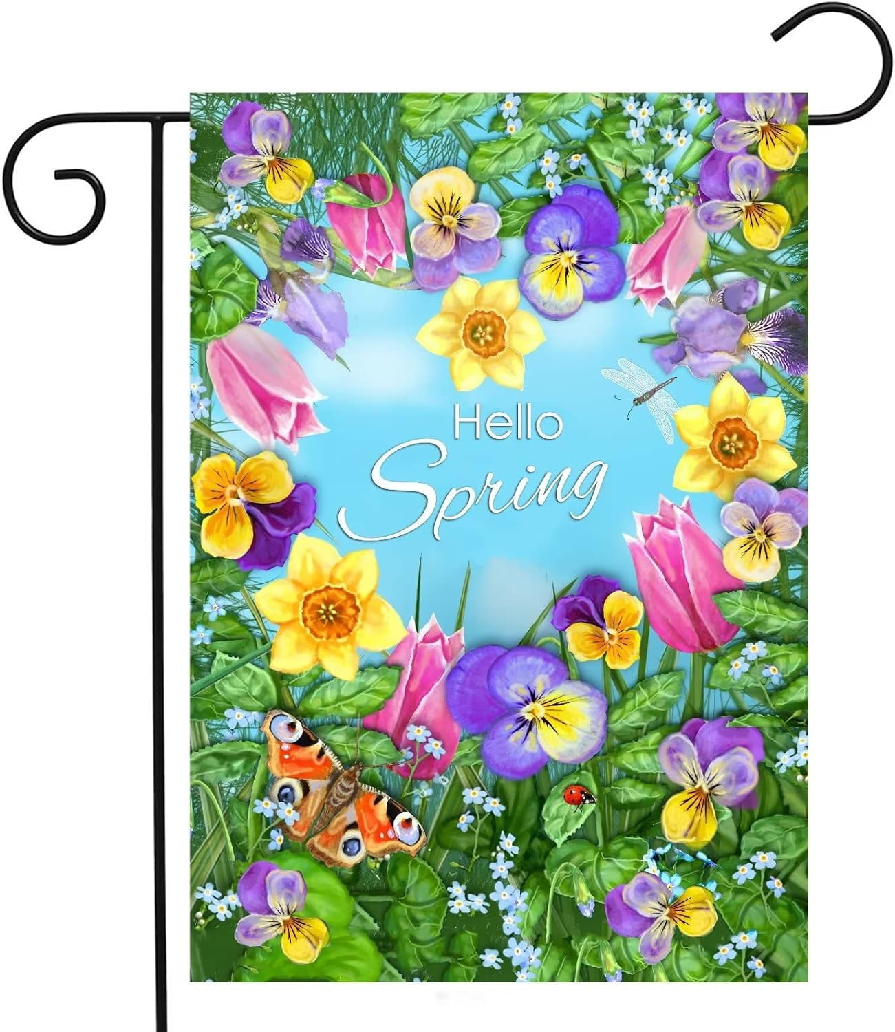 Hello Spring Flowers Pansy Tulip Daffodil Iris Dragonfly Butterfly ...