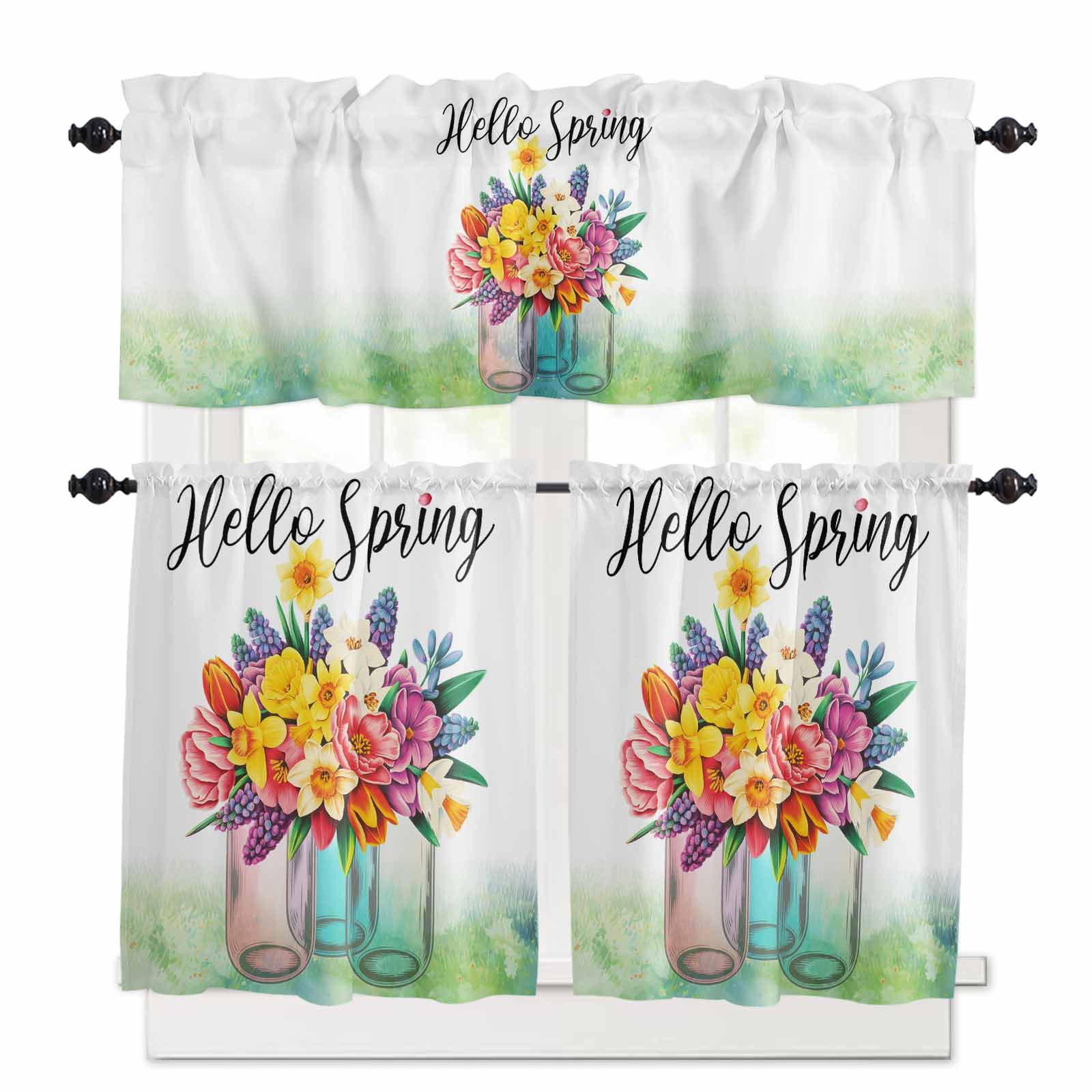 Hello Spring Flowers Window Curtains Valance Set of 3 Yellow Pink ...