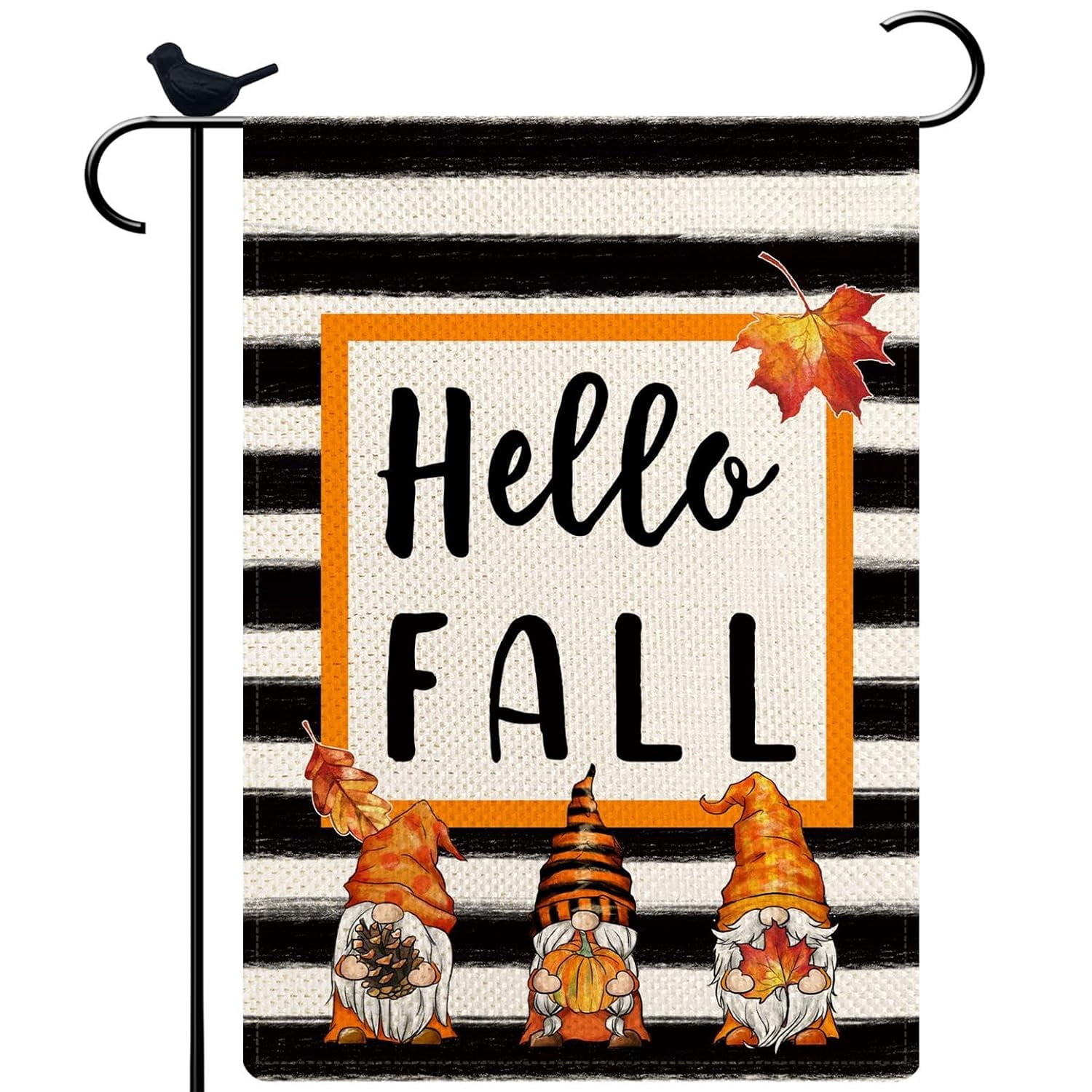 Hello Fall Three Gnomes Garden Flag Watercolor Stripes Double Sided ...
