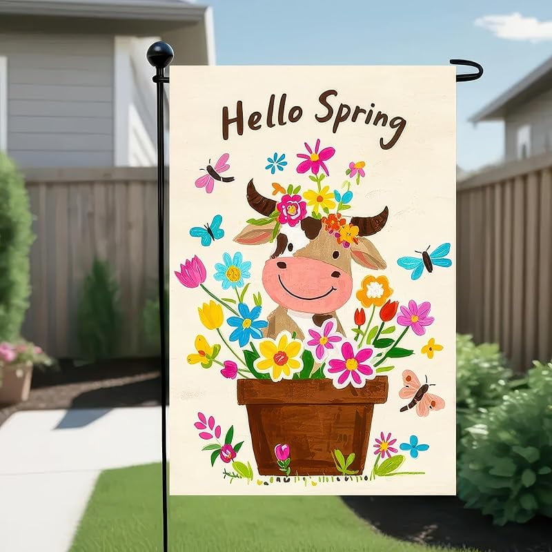 Hello Spring Garden Flag Double Sided 12x18 Inch Seasonal Welcome Cow ...