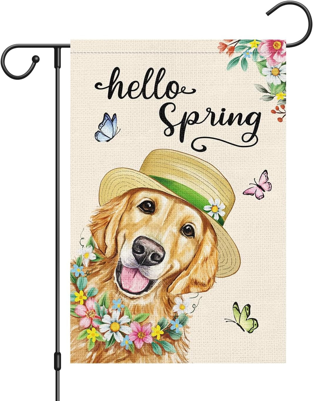 Hello Spring Garden Flag Double Sided Vertical, Small Welcome Golden Retriever Dog Garden Yard ...