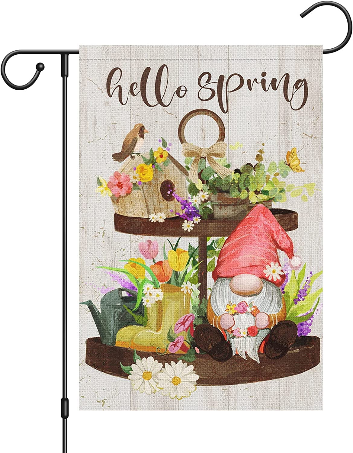Hello Spring Gnome Garden Flag Double Sided, Burlap Small Spring Tiered ...