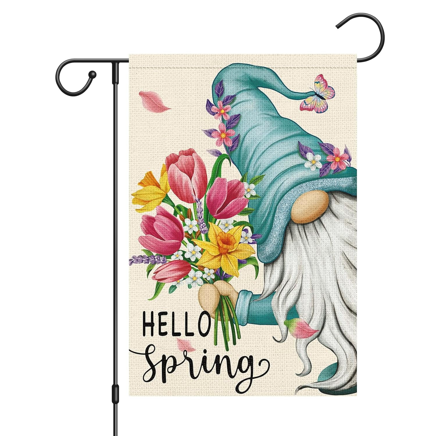 Hello Spring Gnome Garden Flag Double Sided Butterfly Floral Garden ...