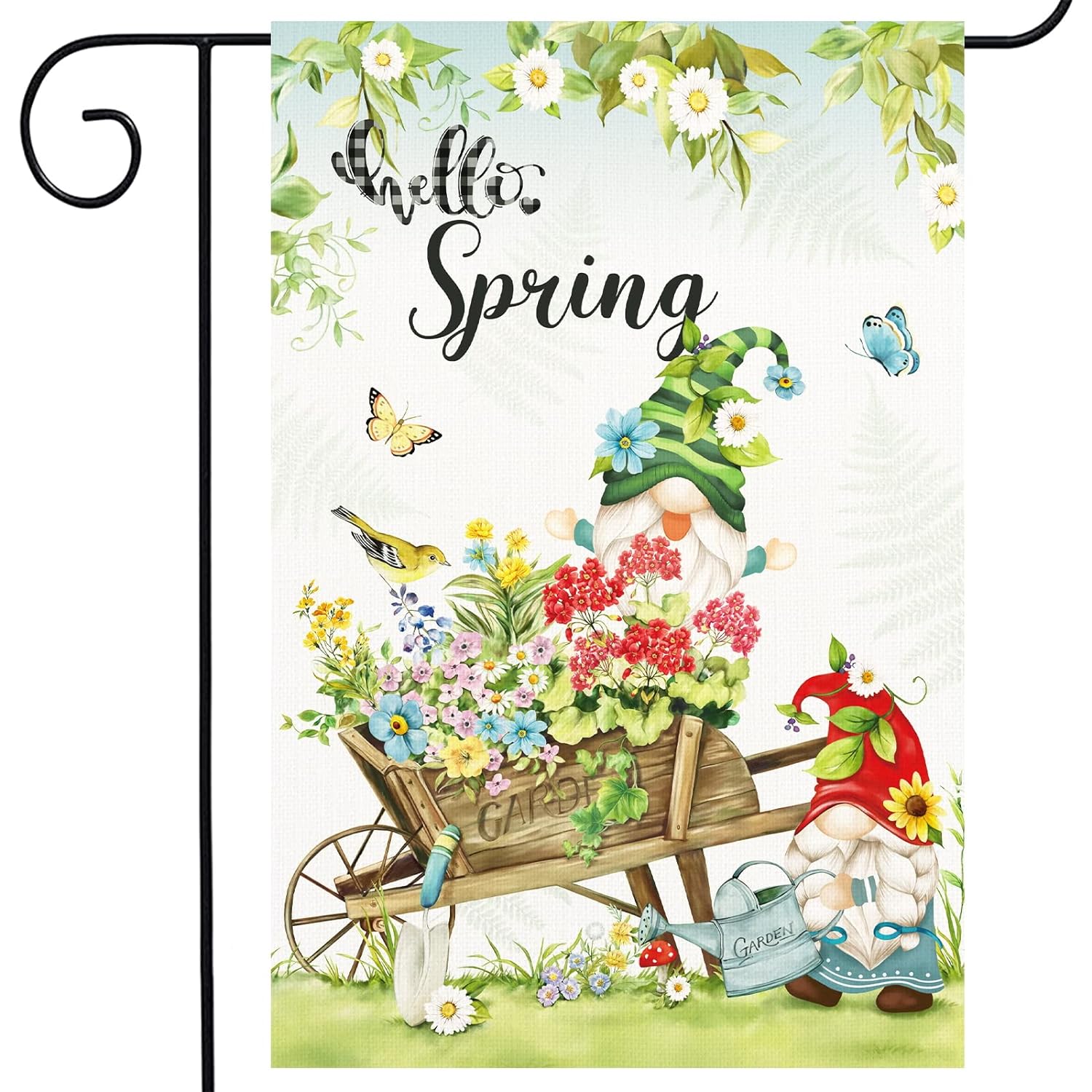 Hello Spring Gnome Garden Flag Double Sided Vertical Colorful Flowers ...