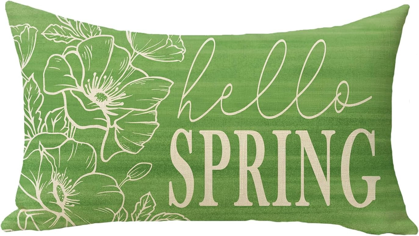 Hello Spring Green Lumbar Decorative Throw Pillow Cover 12x20 Inch ...
