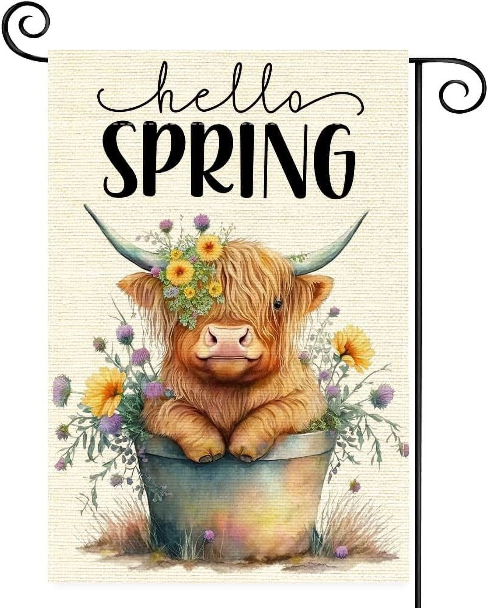 Hello Spring Highland Cow Spring and Summer Garden Flags Double Sided ...