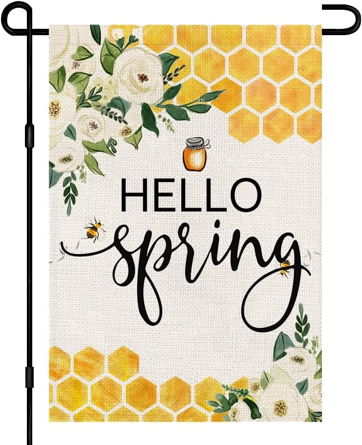 Hello Spring House Flag Burlap 28x40 Inch Double Sided Outside, Bee ...
