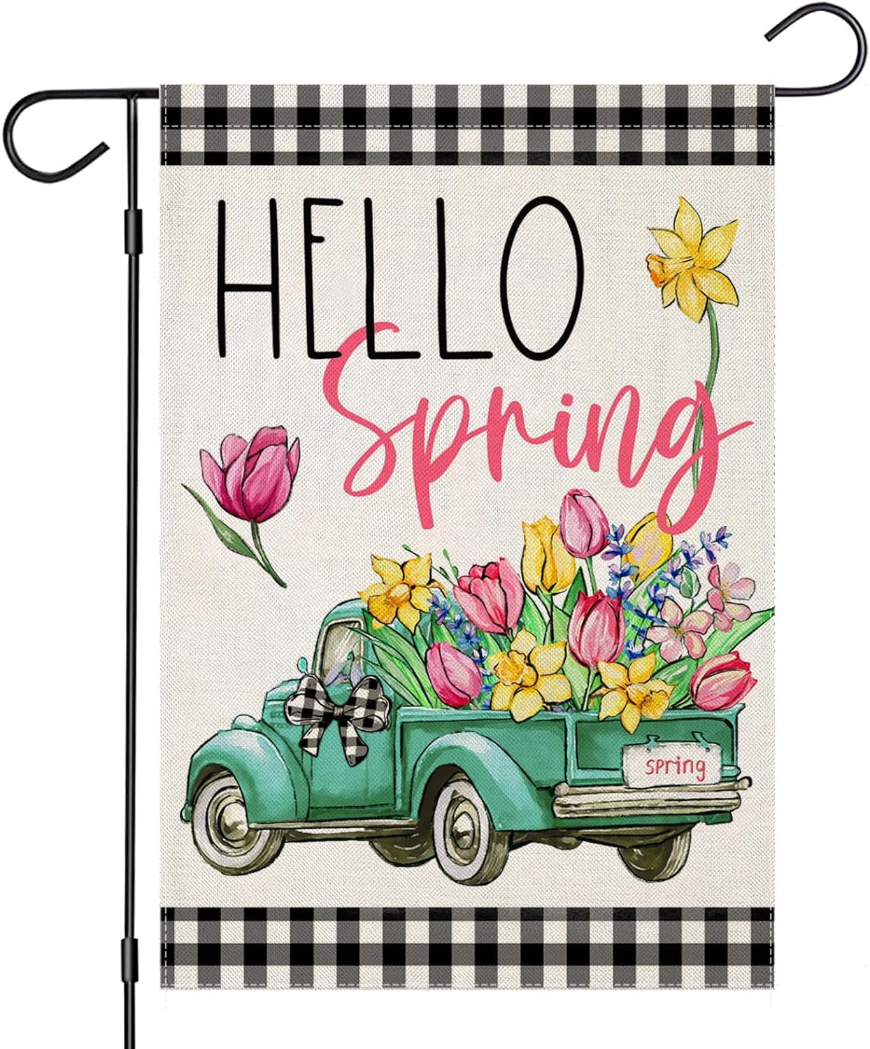 Hello Spring House Flags for Outdoor Decoration, Buffalo Plaid Truck ...