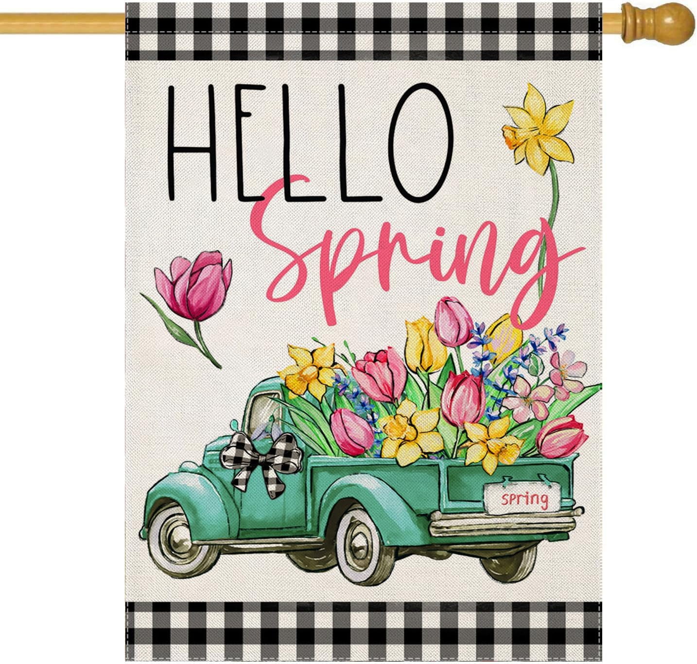 Hello Spring House Flags for Outdoor Decoration, Puzzles Plaid Truck ...