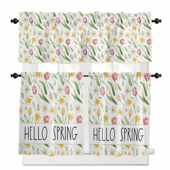 Hello Spring Kitchen Curtains Valances and Tiers Set of 3 Yellow Pink ...