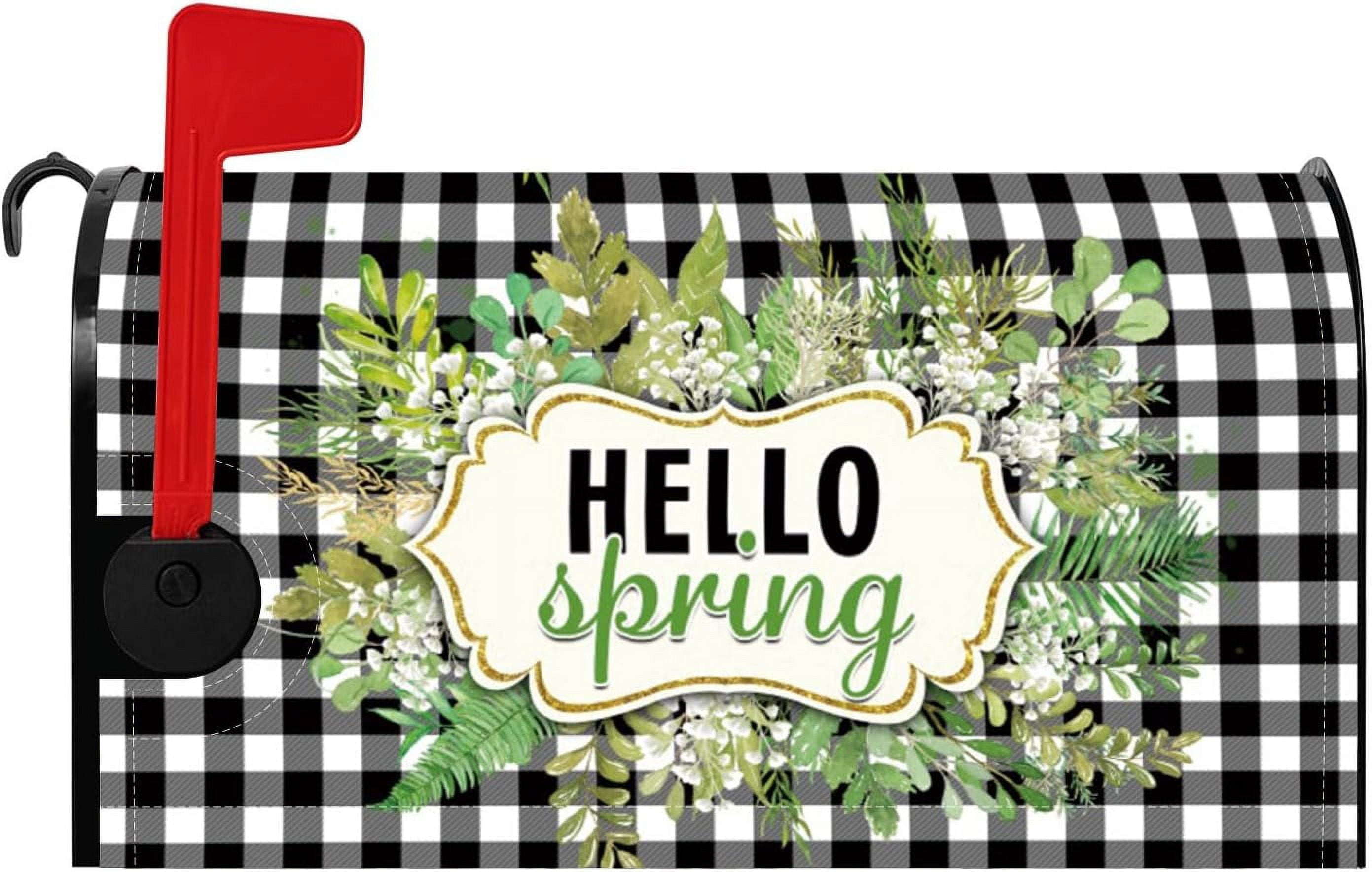 Hello Spring Mailbox Cover Buffalo Plaid Magnetic US Standard Size ...