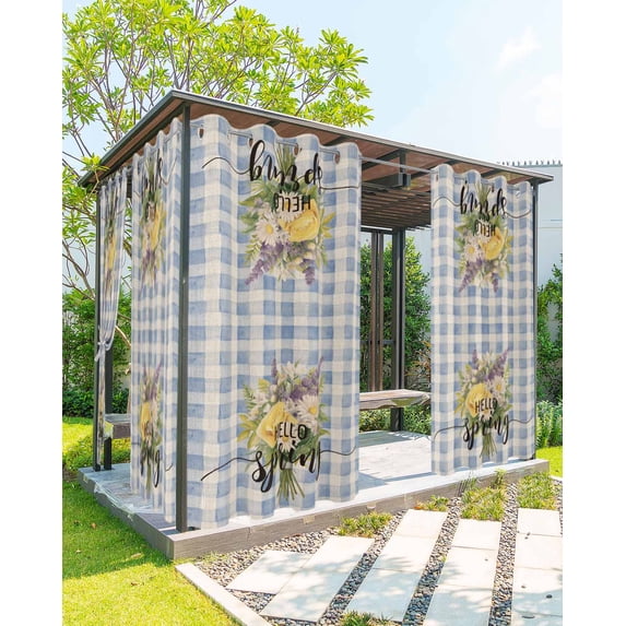 Hello Spring Outdoor Curtains for Patio, Flowers with Leaves Blue Plaid ...