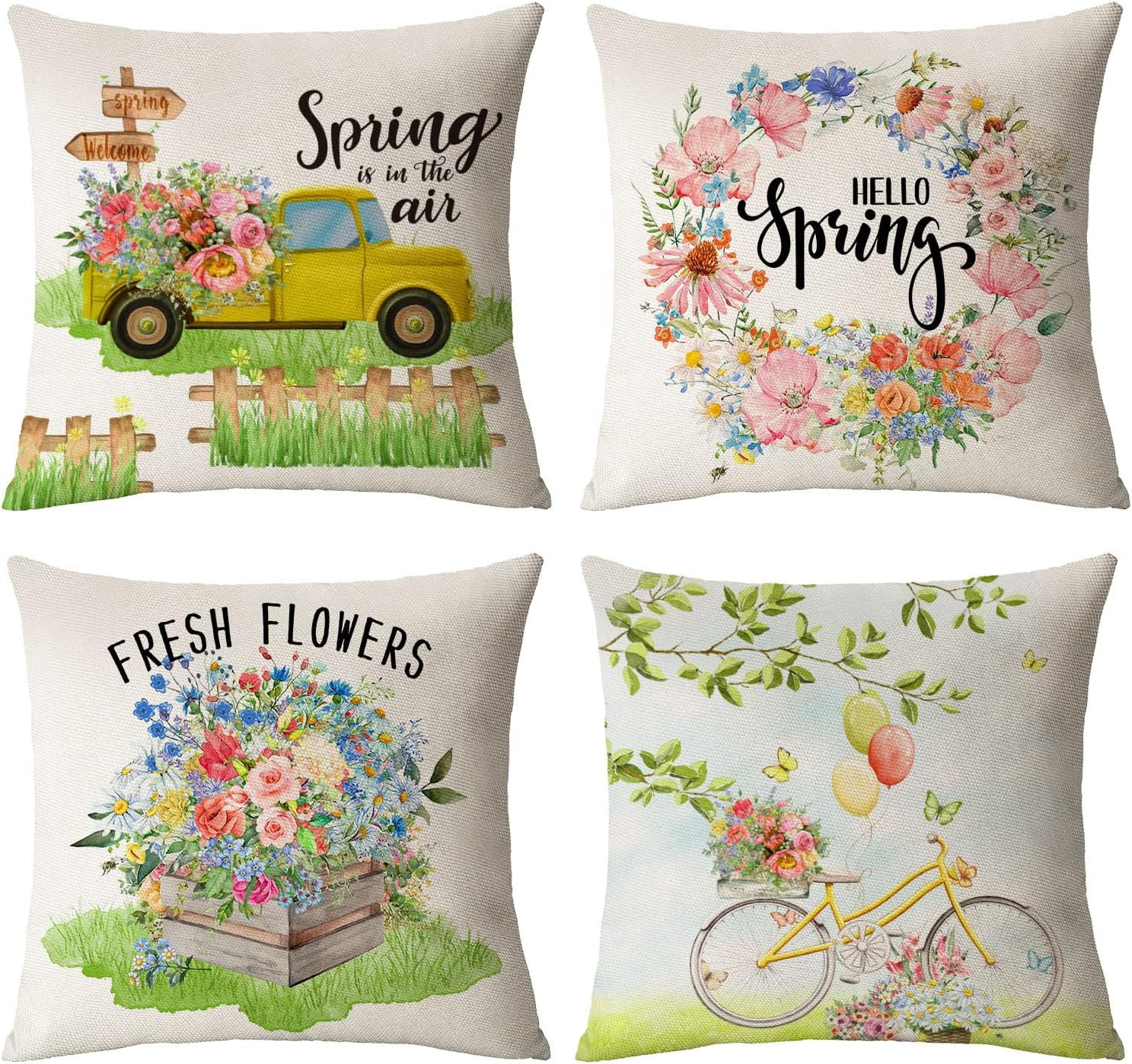 Hello Spring Pillow Covers 18x18 Set of 4 Floral Throw Pillow Covers ...