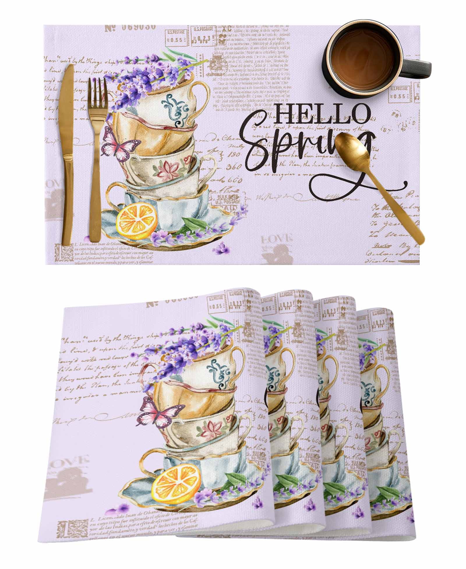Hello Spring Placemats for Dining Table Set of 4, Washable Placemats ...