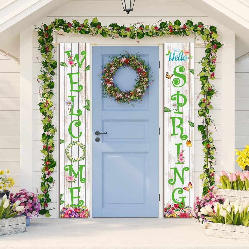 Hello Spring Porch Banner, Welcome Spring Hanging Banner Colorful ...