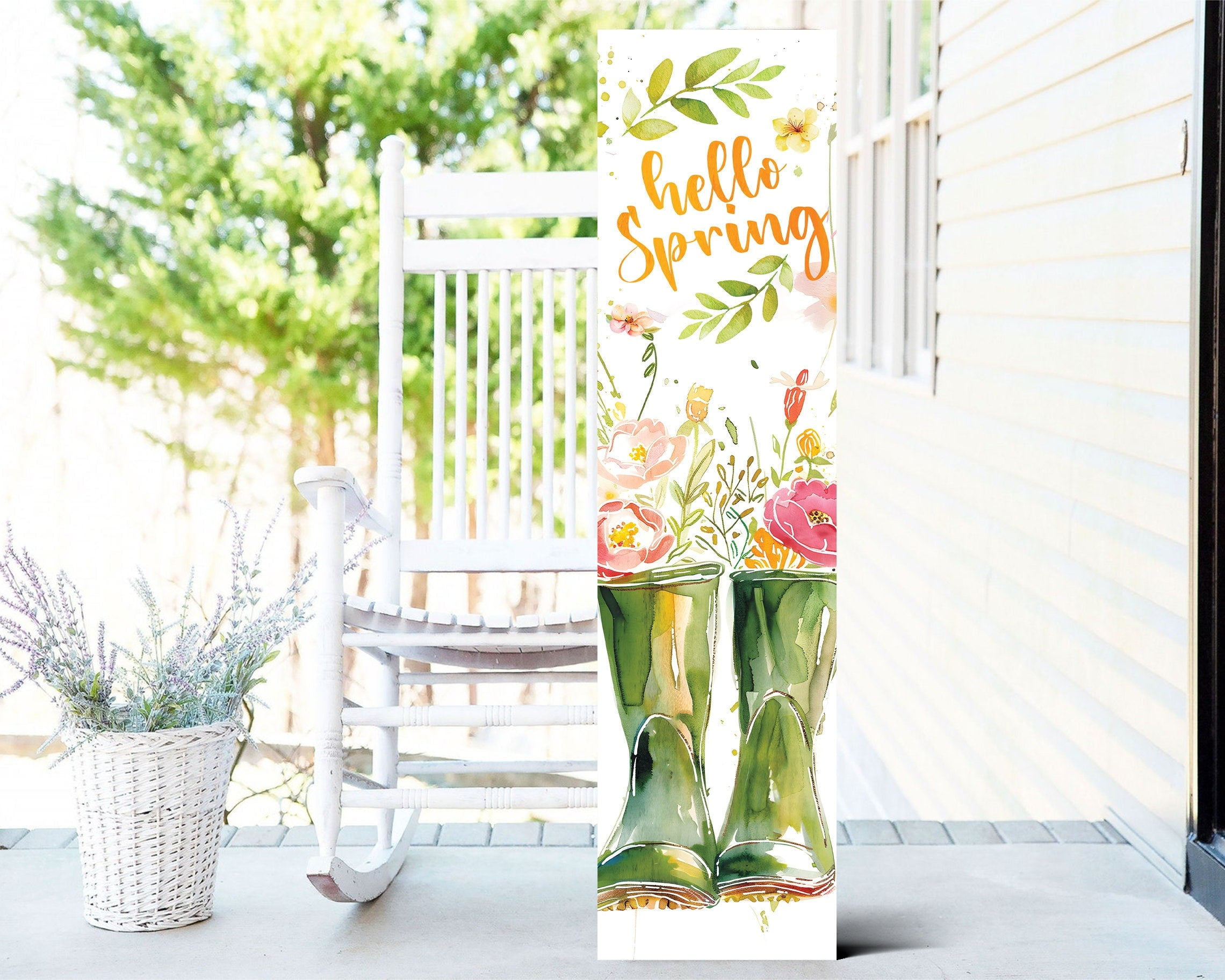 Hello Spring Porch Sign | Wooden Farmhouse Front Door Decor | Rain ...