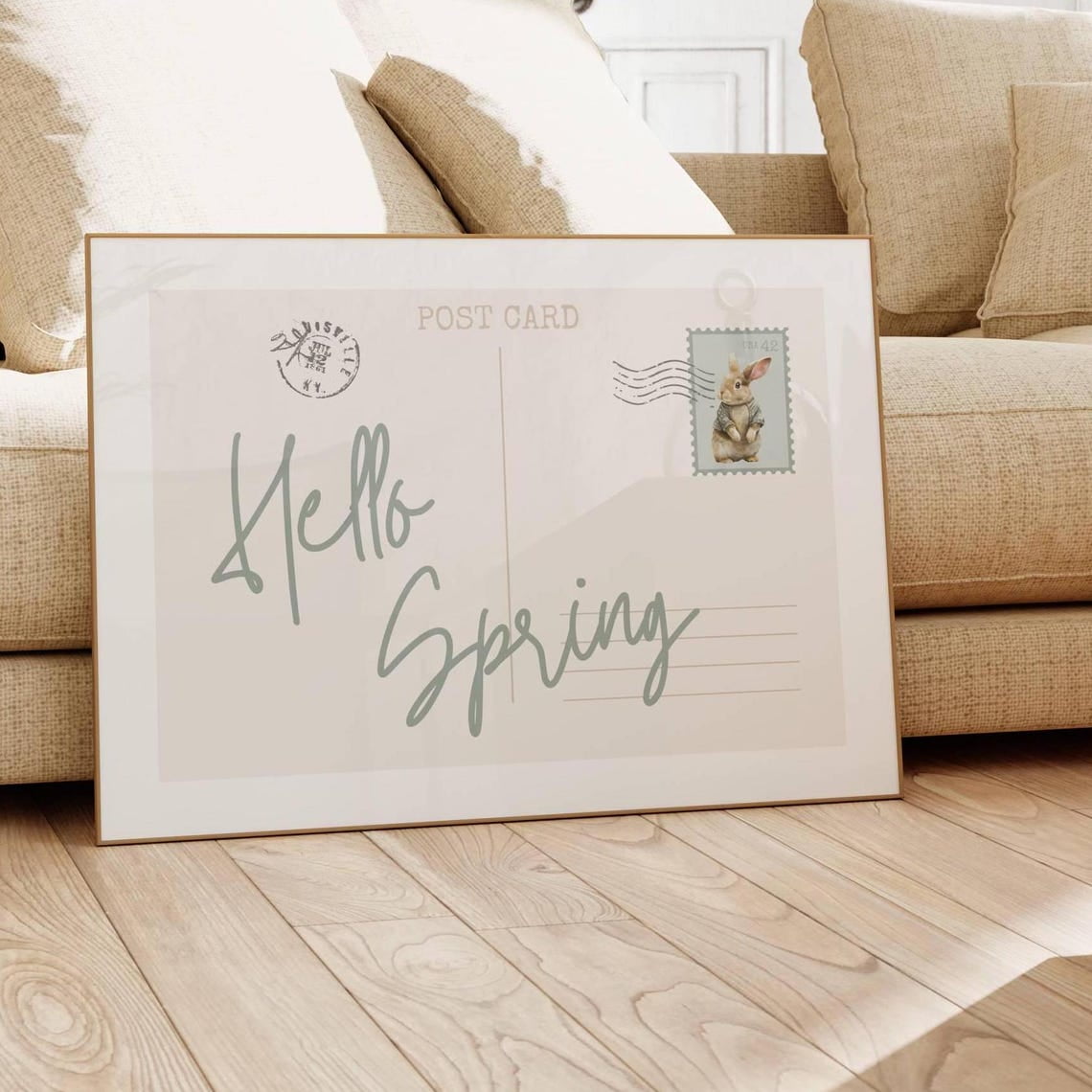 Hello Spring Print, Vintage Easter Poster, Cute Bunny Decor, Neutral ...