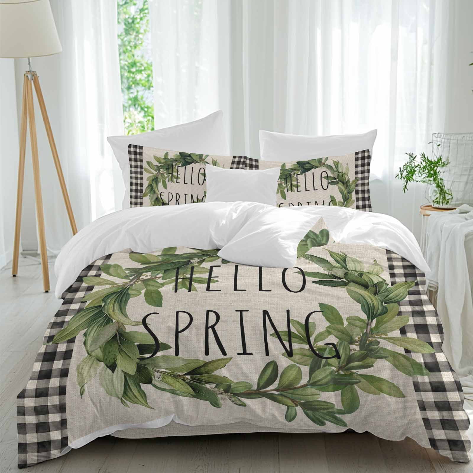 Hello Spring Queen Size 4 piece Duvet Cover Set, Green Leaf Plant Black ...