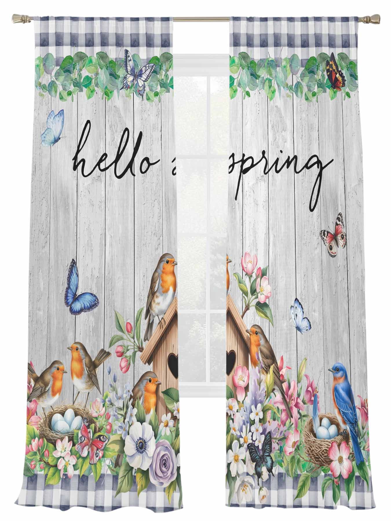 Hello Spring Sheer Curtains 2 Panels Set Bird Pink White Flowers ...