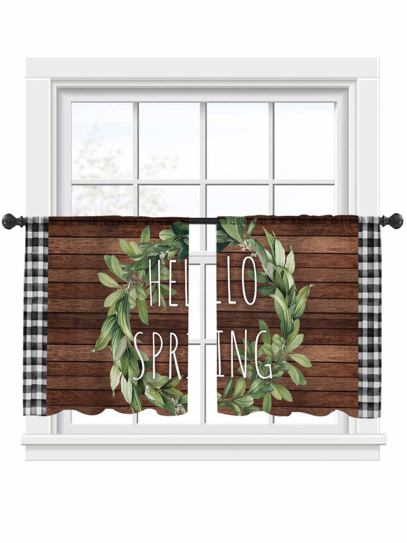 Hello Spring Sheer Curtains 2 Panels Set Green Leaf Plant Black Plaid ...