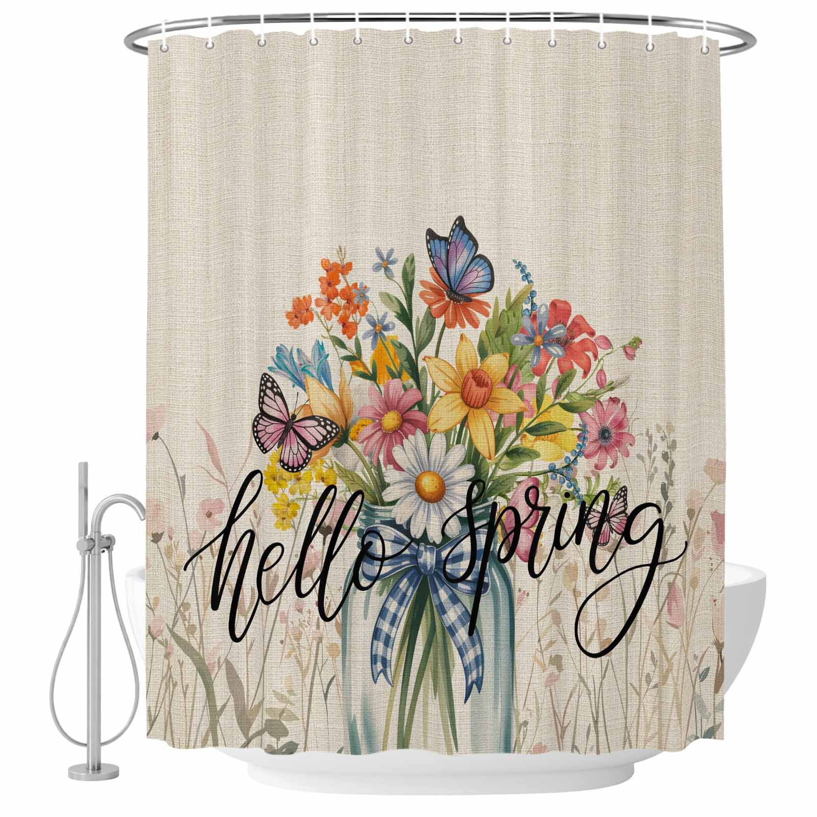 Hello Spring Shower Curtain, 72" x 72", Pink Flowers Daisy Butterflies ...