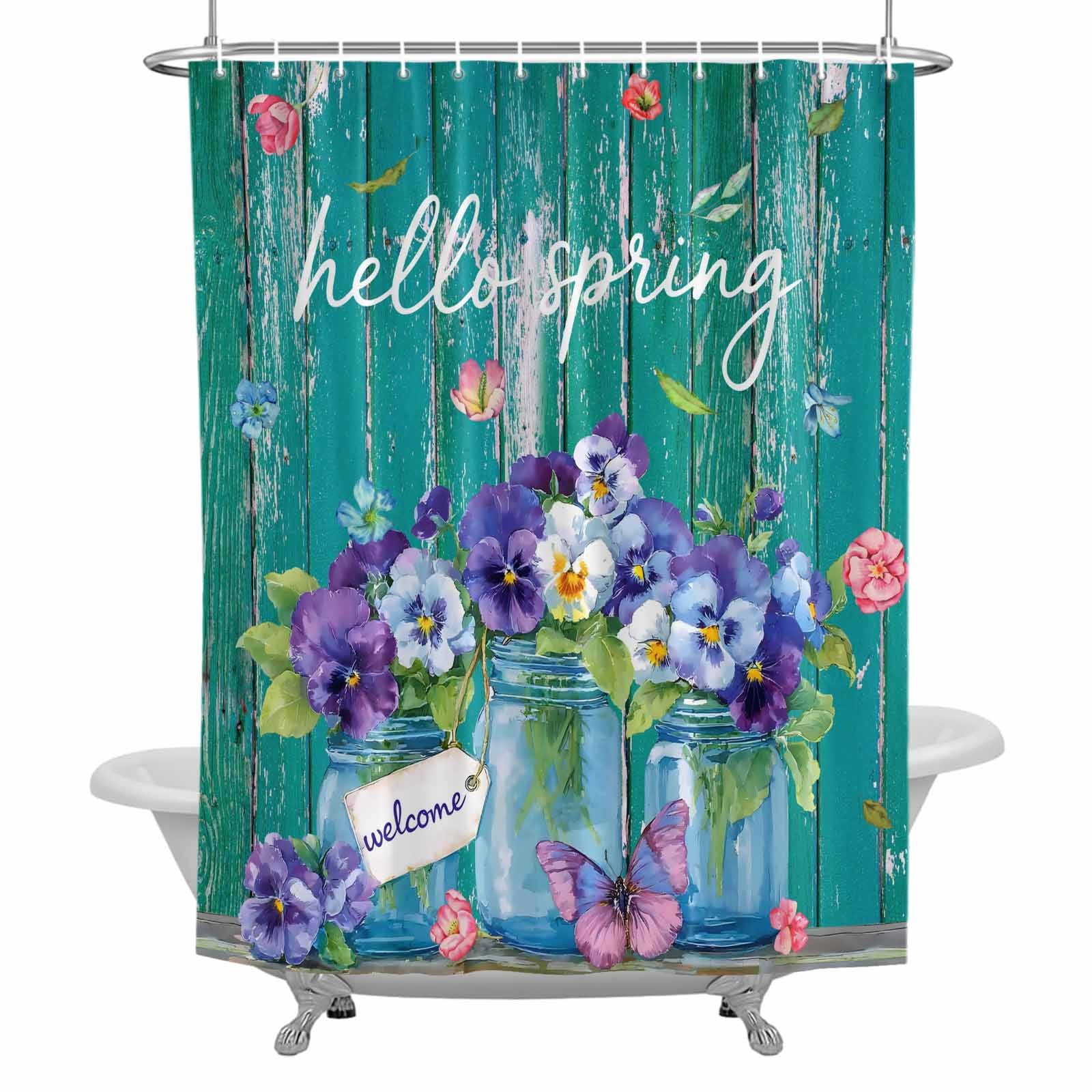 Hello Spring Shower Curtain for Bathroom, Country Purple Pansy Flowers ...