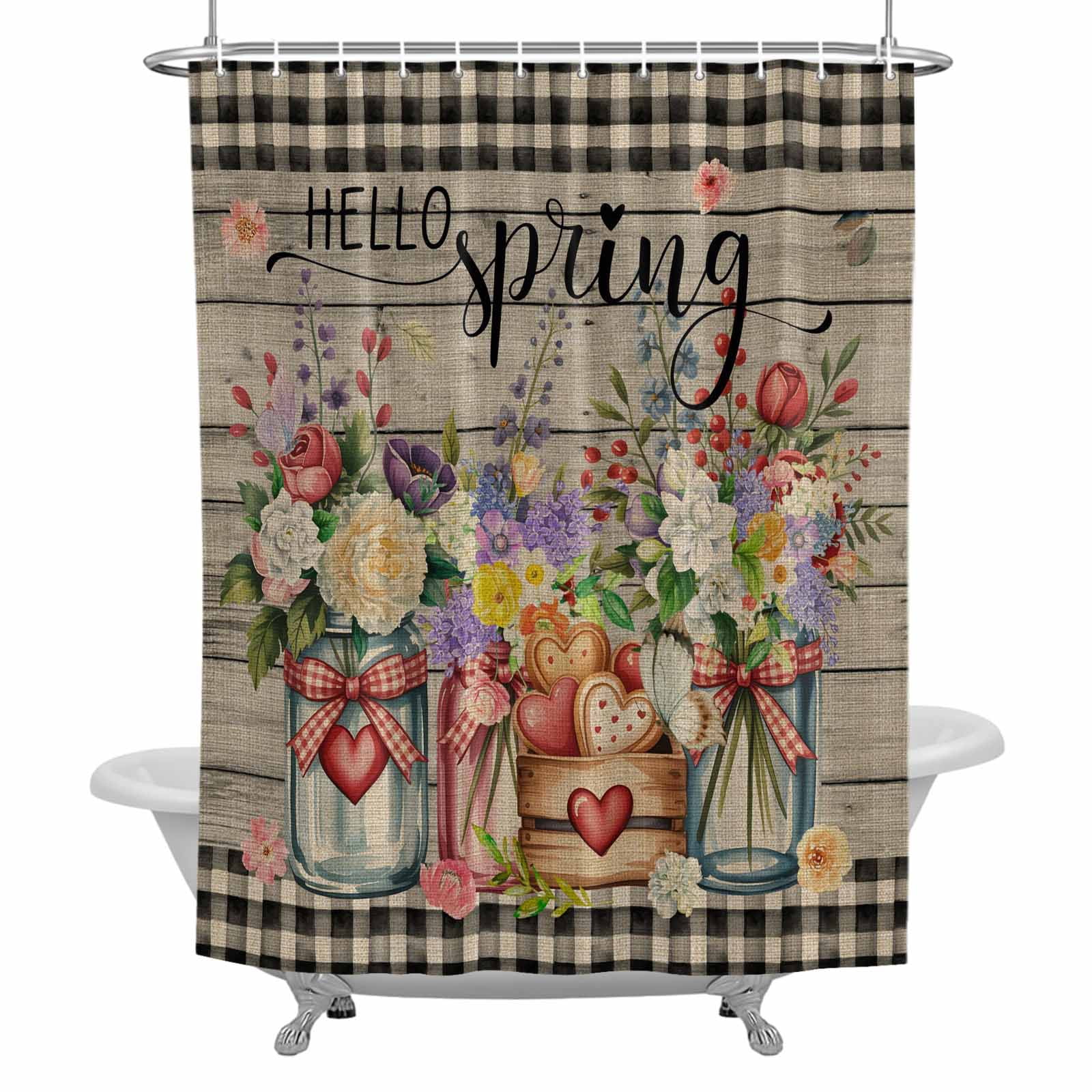 Hello Spring Shower Curtain for Bathroom, Rose Purple Pink Flower Red ...