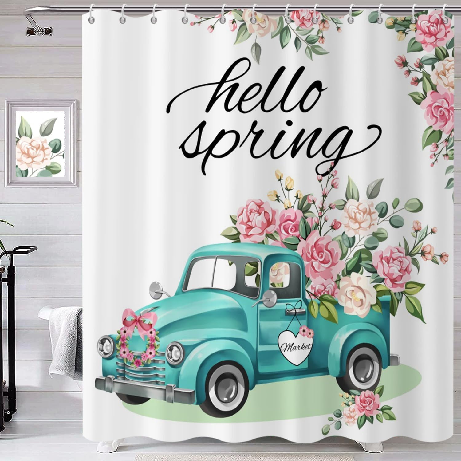 Hello Spring Shower Curtain, Farmhouse Teal Truck Loading Pink Floral ...