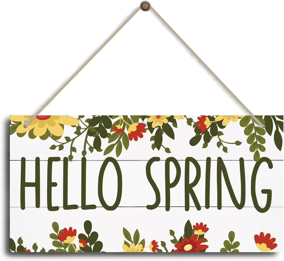Hello Spring Sign, Spring Decor, Hanging Wood Plaque With Rope ...