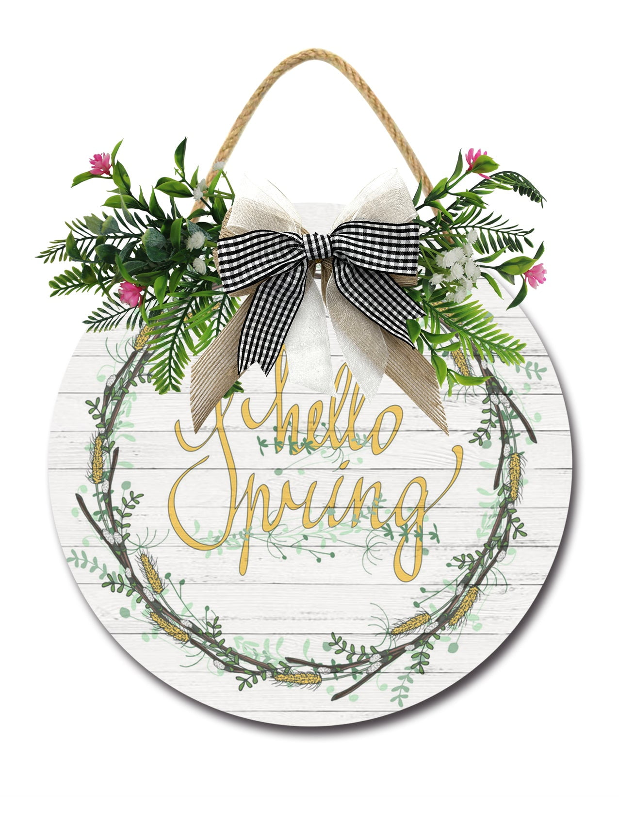 Hello Spring Sign Front Door Porch Decorations, Round Rustic Wood ...