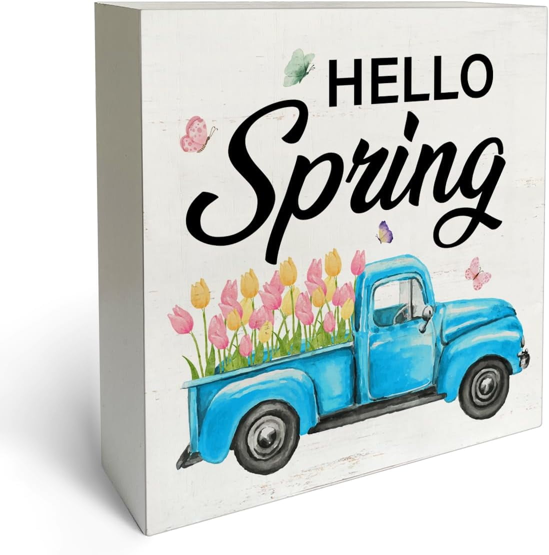 Hello Spring Sign Tulip Truck Spring Wooden Block Sign Rustic Style ...
