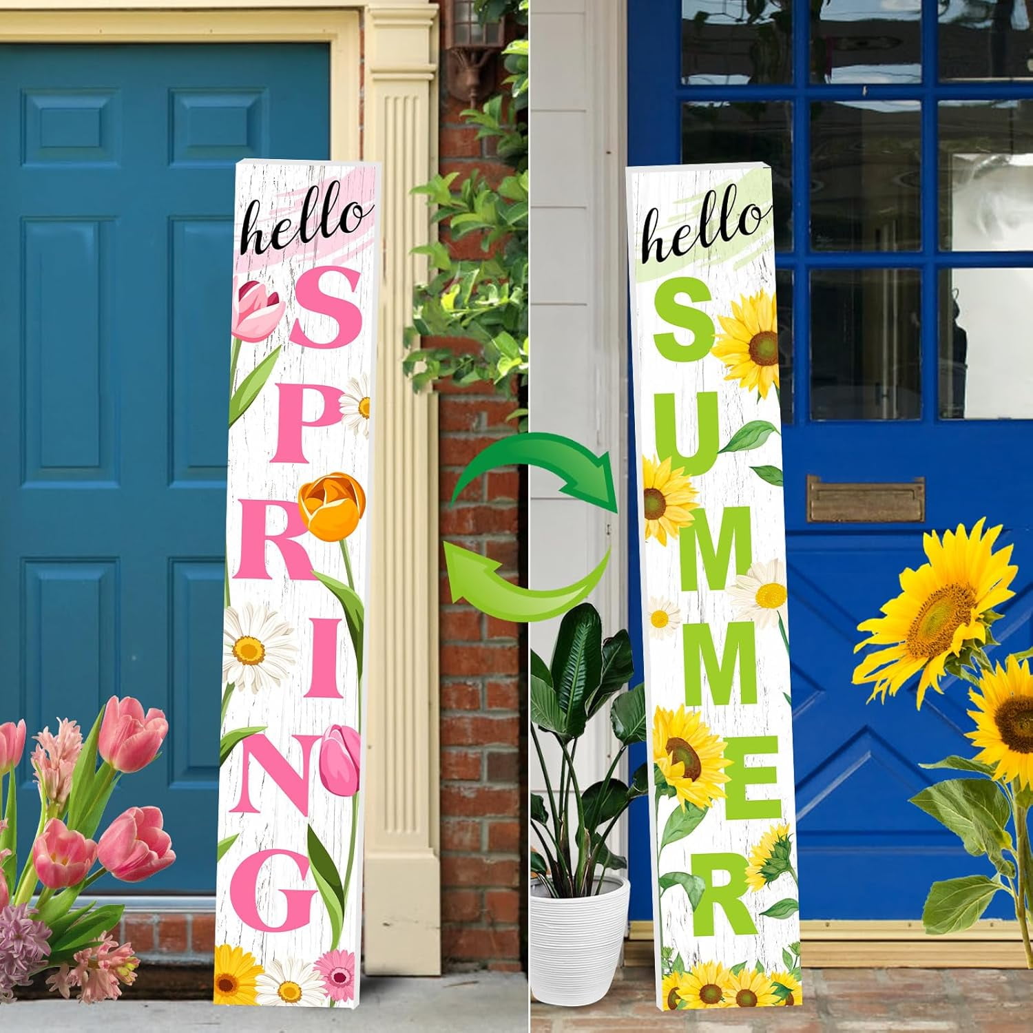 Hello Spring Summer Double Sided Wooden Porch Sign Decor Welcome ...