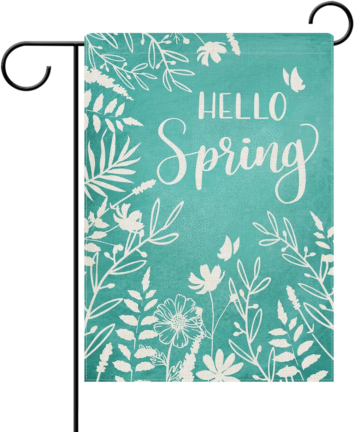 Hello Spring Teal Decorative Garden Flag, Floral Flowers Leaves ...