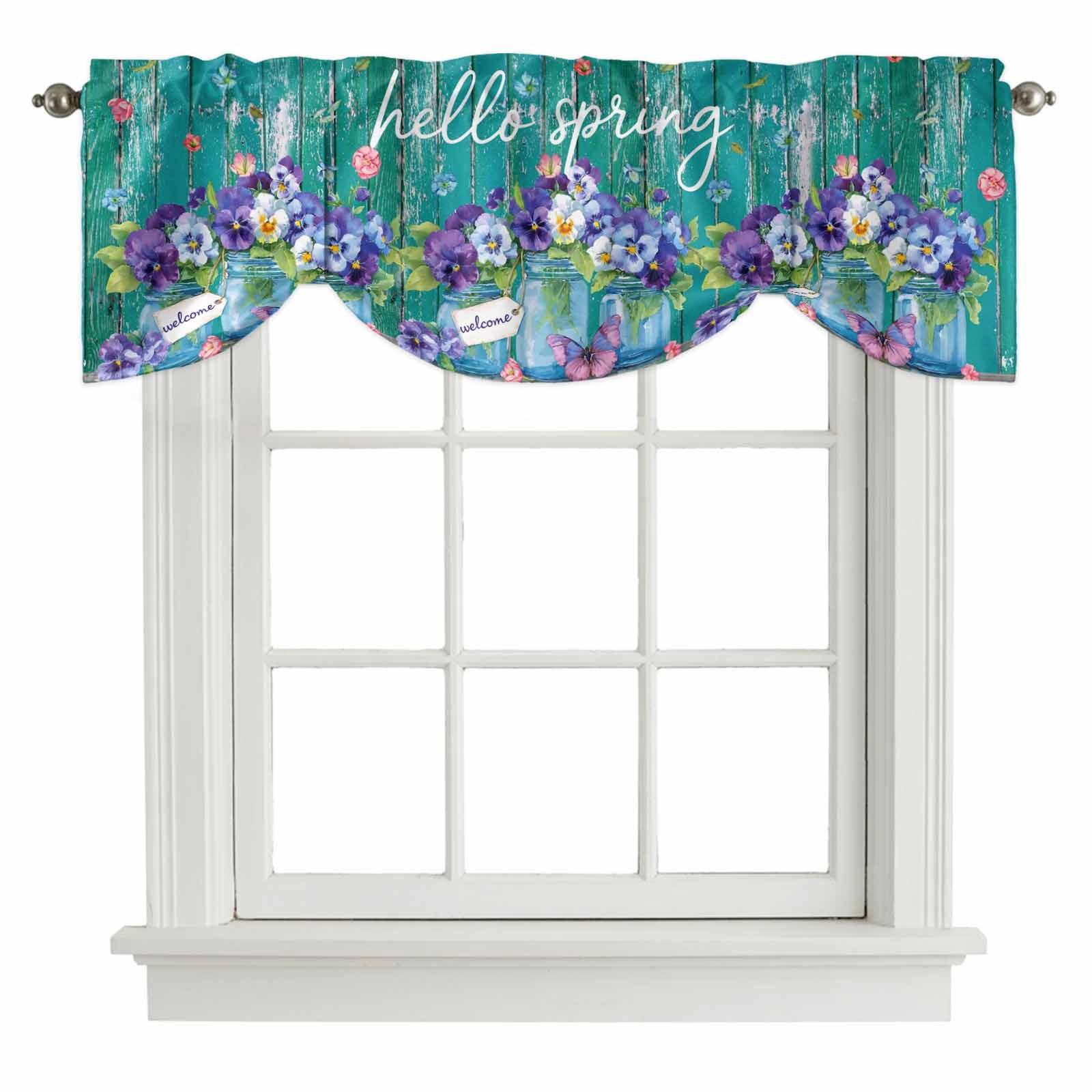 Hello Spring Tie Up Valance for Windows, Country Purple Pansy Flowers ...