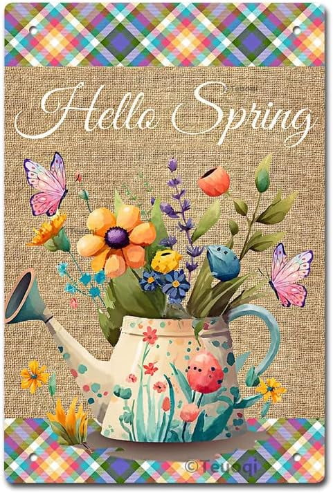 Hello Spring Tin Sign Flower Metal Signs Butterfly Highland Cow Wall ...